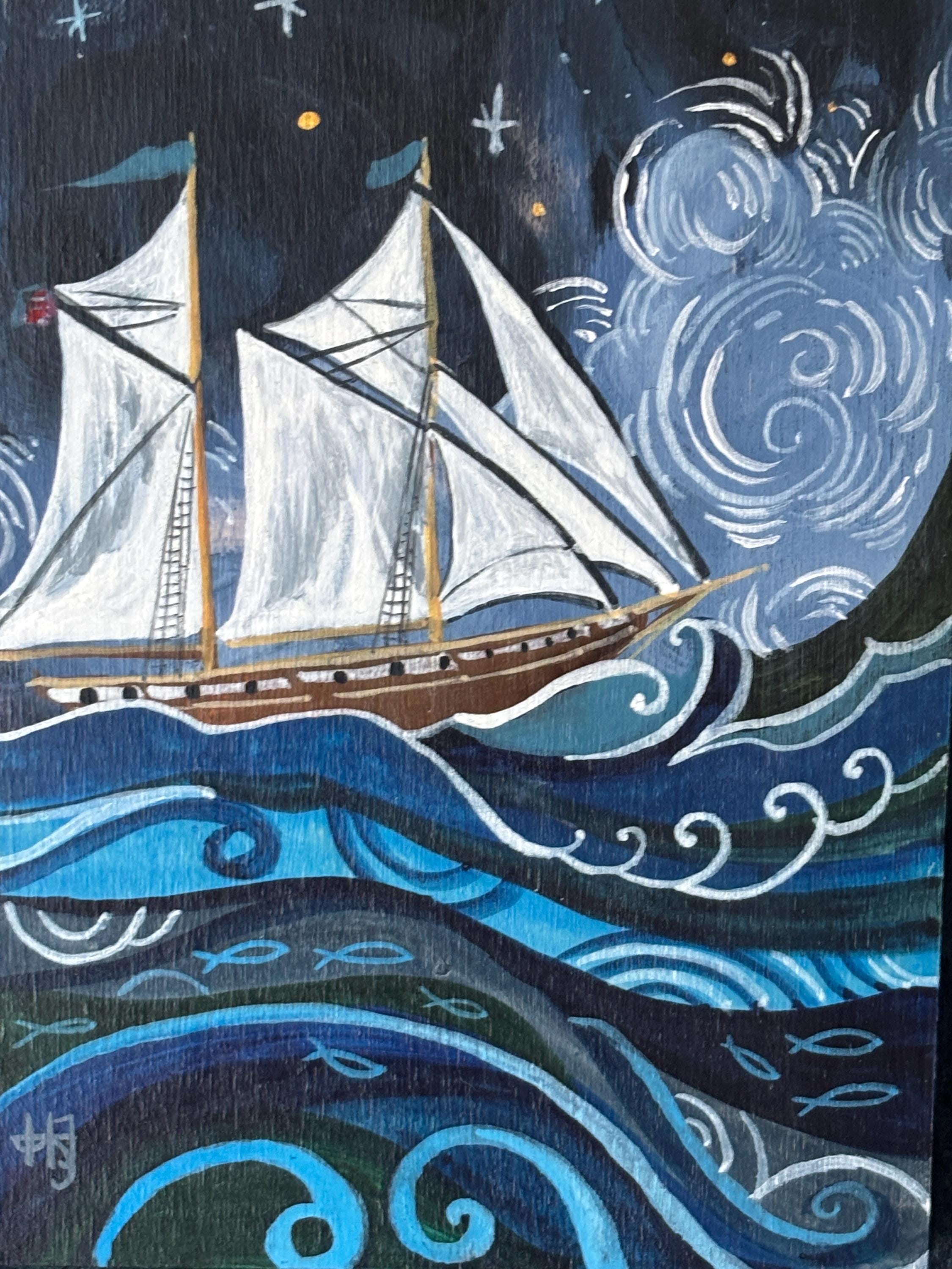 Guiding Light, Sailing Boat Guided by the Stars, Original Painting - Etsy