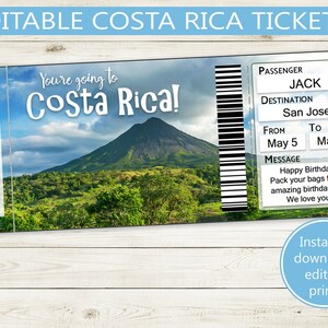 Custom Tickets to Costa Rica // Printable Adobe Editable PDF ...