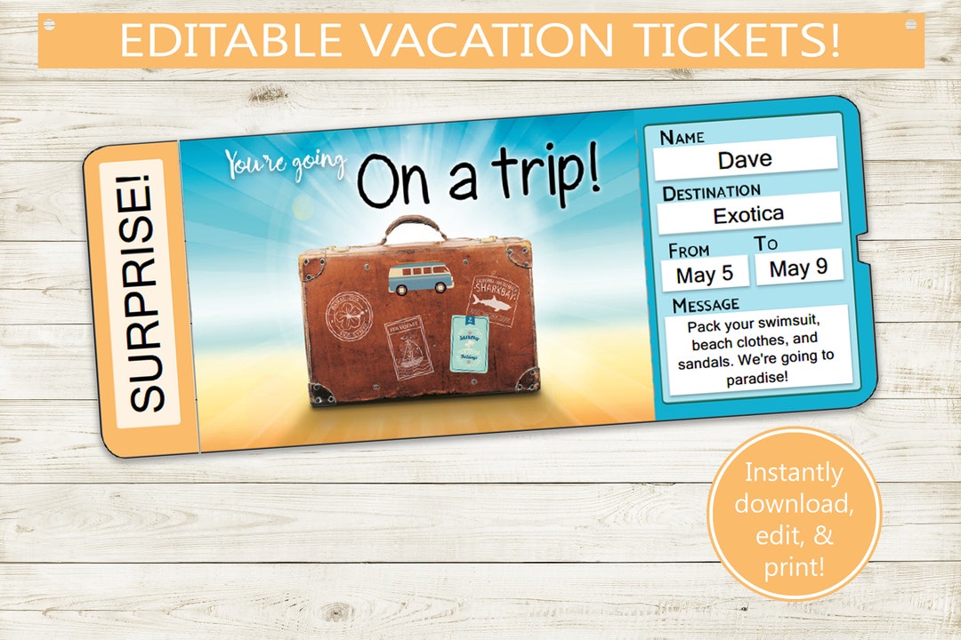 Custom Vacation Tickets // Printable Adobe Editable PDF // Vacation ...