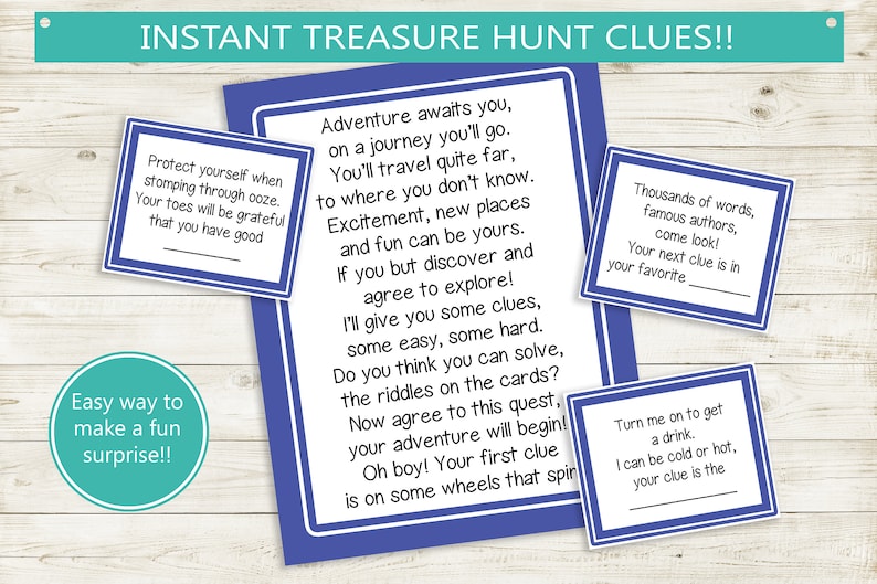Printable Treasure Hunt Clues // Instant Download PDF, Surprise ...