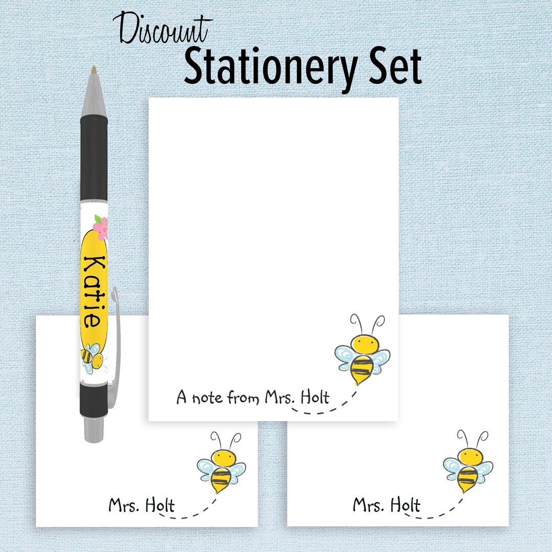 Personalized Bee Stationery Set - 2 Sticky Note Pads, 1 Pen, 1 Notepad ...
