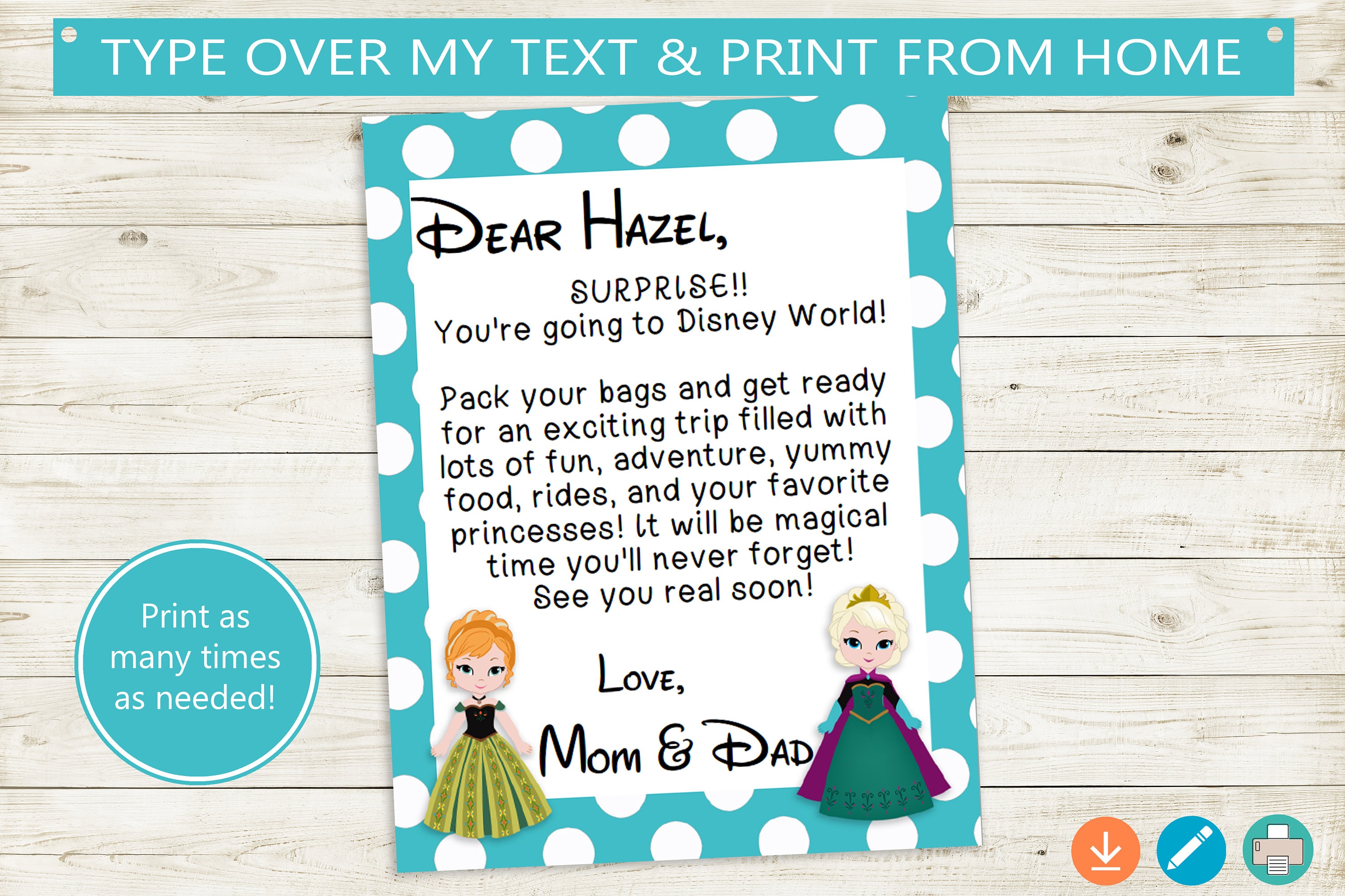 Printable and Editable Trip Reveal Disney Princess Letter // | Etsy