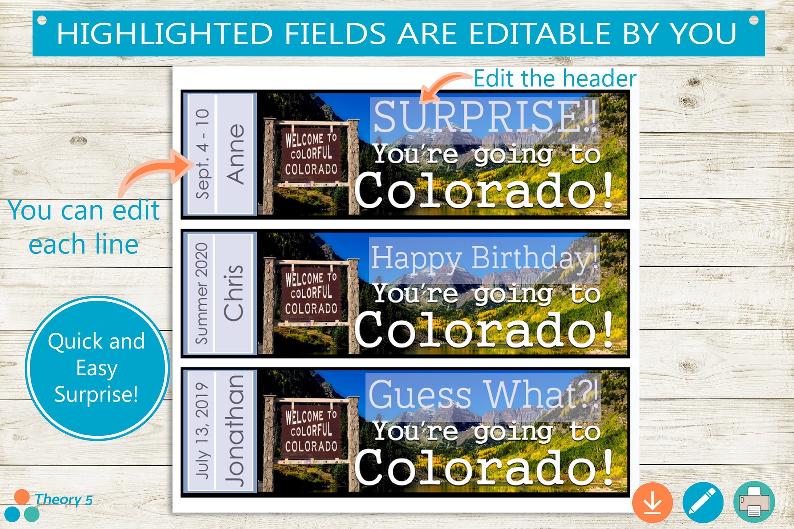 Printable Surprise Colorado Tickets // Adobe Editable PDF // | Etsy
