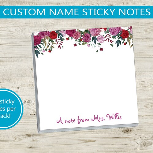 Custom Sticky Notes // Beautiful Flower Design Custom Text | Etsy