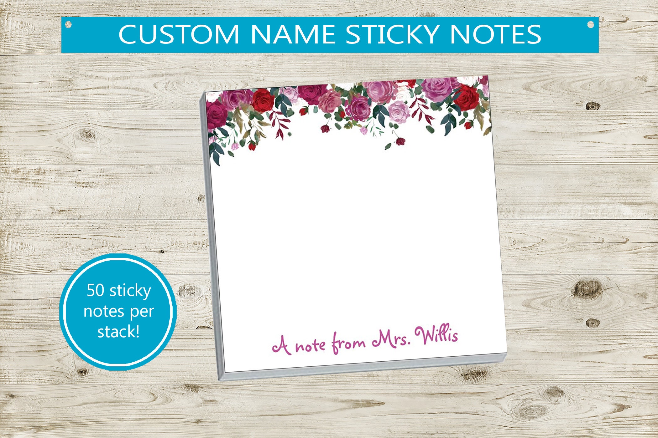 Custom Sticky Notes // Beautiful Flower Design Custom Text - Etsy