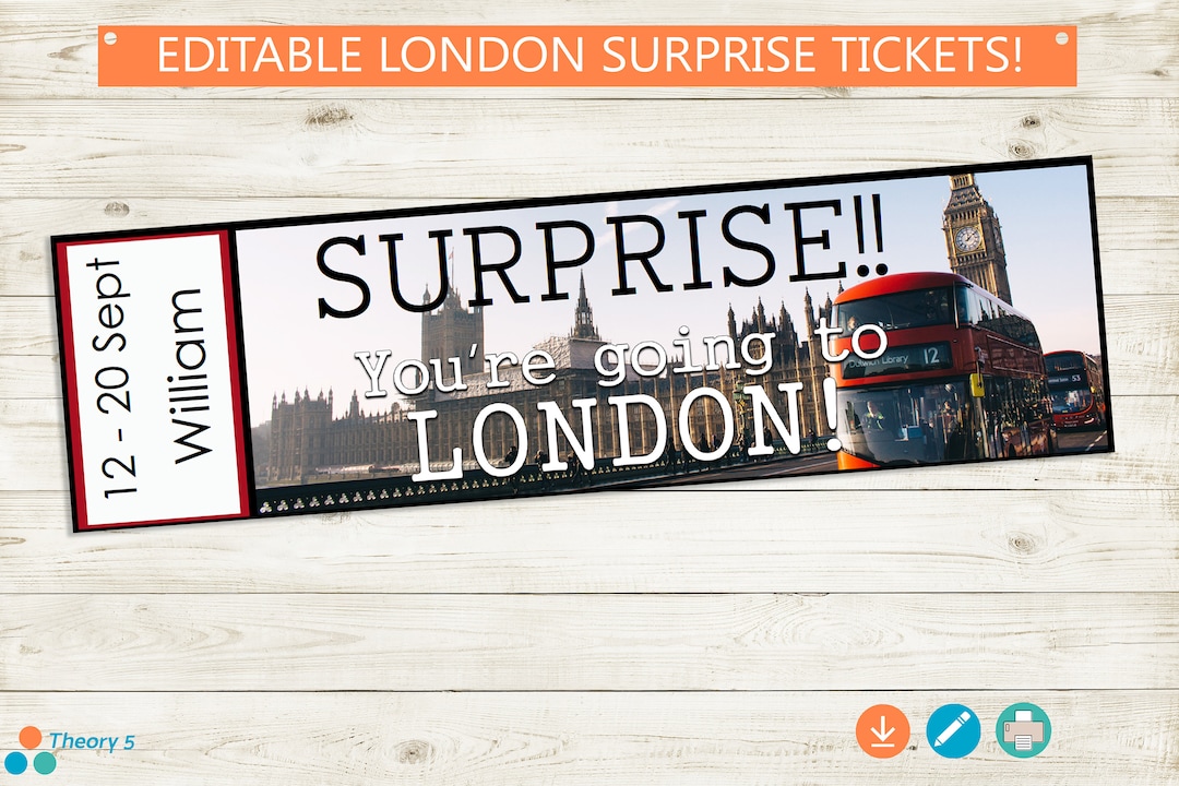 Printable SURPRISE Tickets to London // Adobe Editable PDF // Vacation ...
