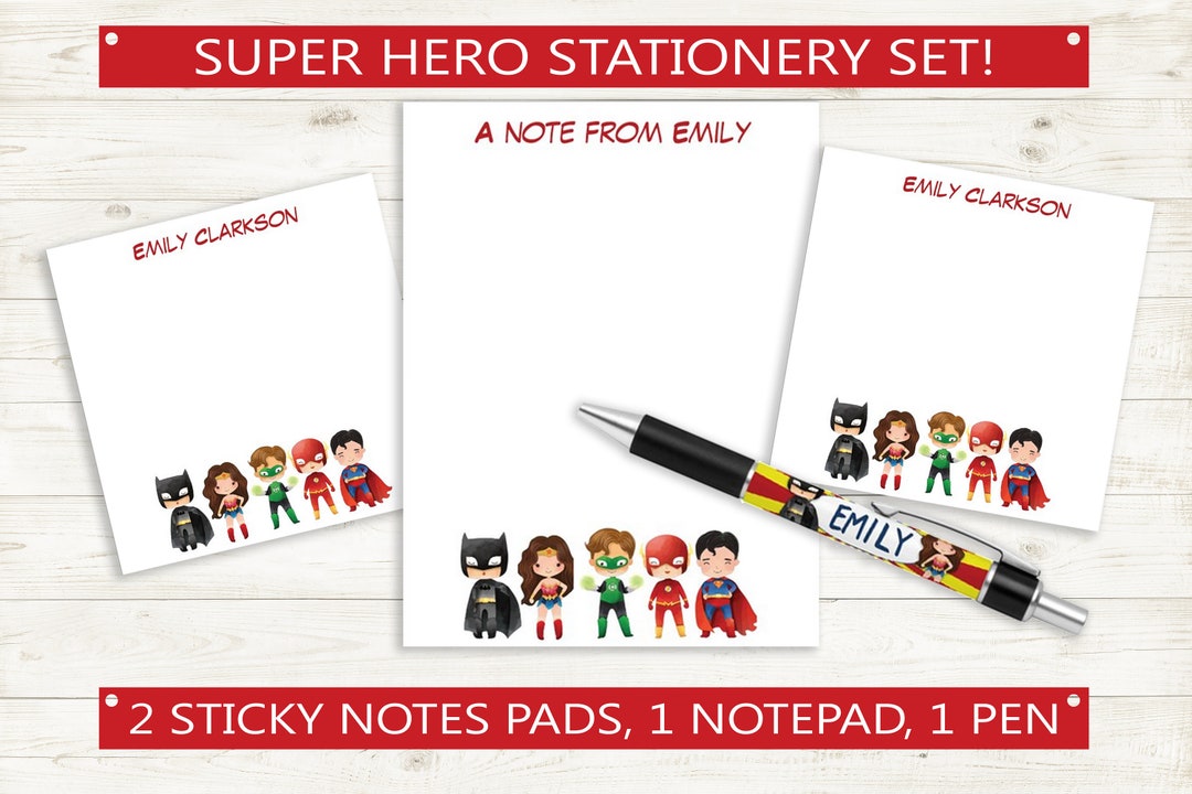 Custom Superhero Stationery Set (4 Items) - 2 Sticky Note Pads, 1 Pen ...