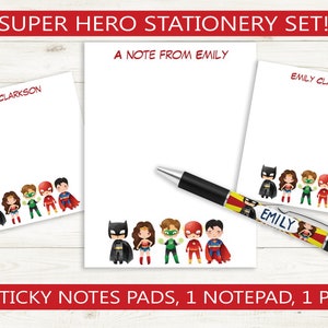 Custom Superhero Stationery Set (4 Items) - 2 Sticky Note Pads, 1 Pen ...