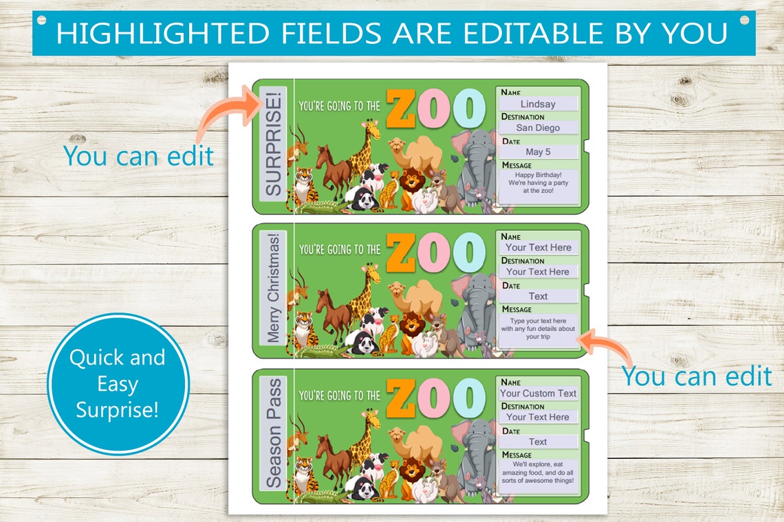 Custom Zoo Tickets // Printable Adobe Editable PDF // Ready to | Etsy
