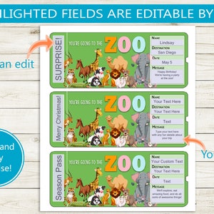 Custom Zoo Tickets // Printable Adobe Editable PDF // Ready to Print ...