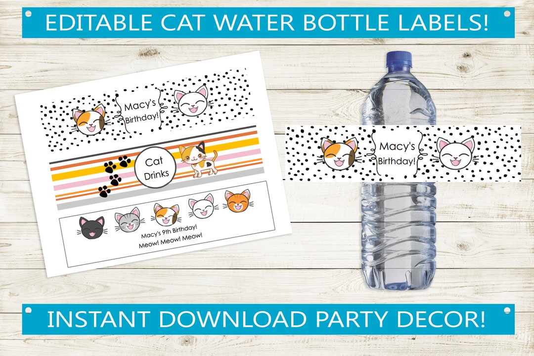 Cat Party Water Bottle Labels // Editable PDF, Custom Party Decor ...