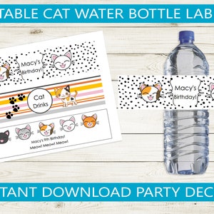 Cat Party Water Bottle Labels // Editable PDF, Custom Party Decor ...