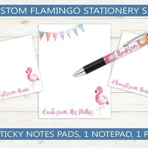 Personalized Flamingo Stationery Set - 2 Sticky Note Pads, 1 Pen, 1 ...