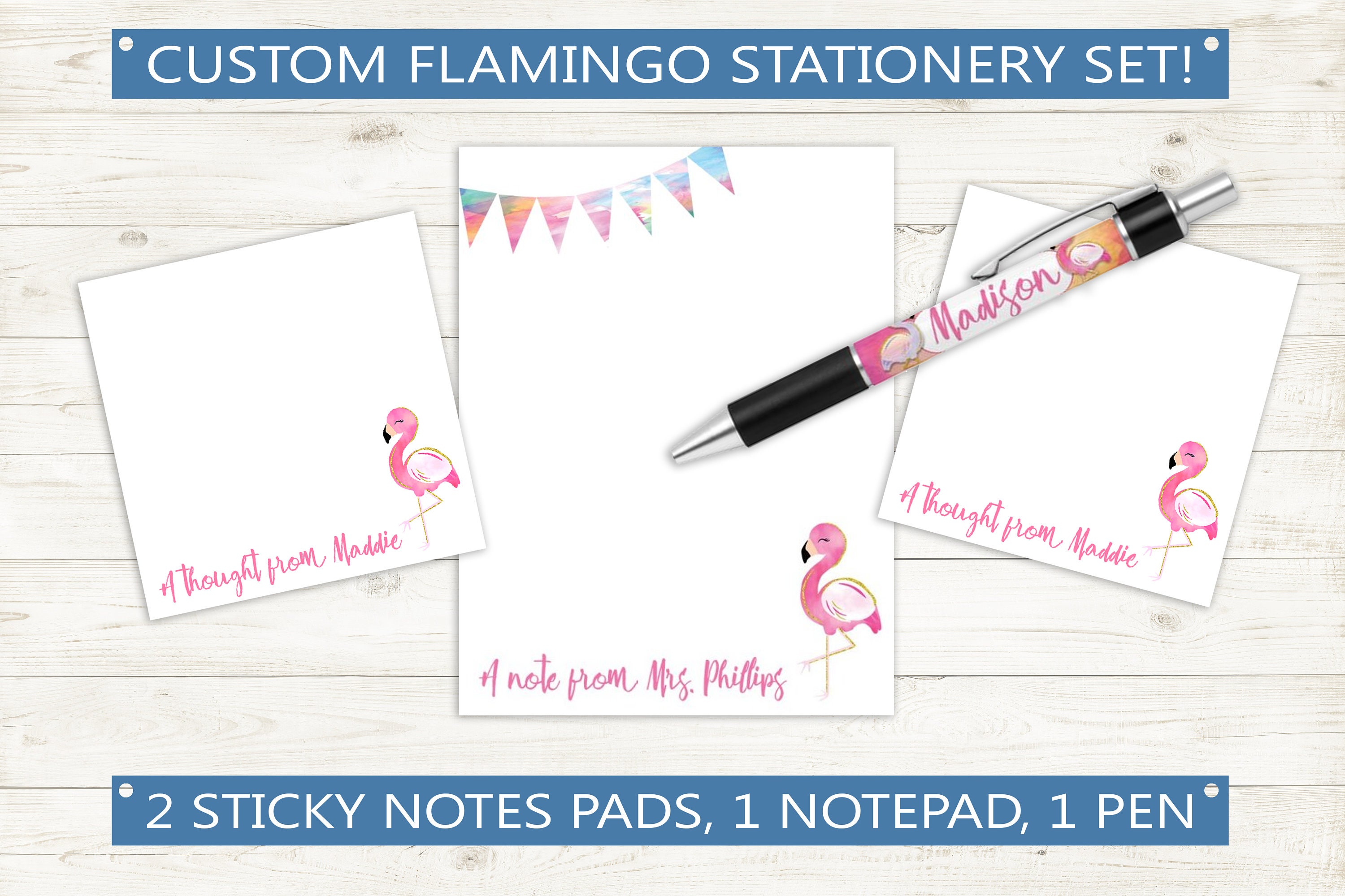 Personalized Flamingo Stationery Set 2 Sticky Note Pads 1 - Etsy