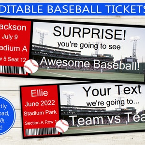 Baseball Tickets Printable and Editable // Adobe PDF File // Surprise ...