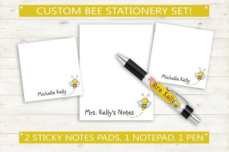 Personalized Bee Stationery Set - 2 Sticky Note Pads, 1 Pen, 1 Notepad ...