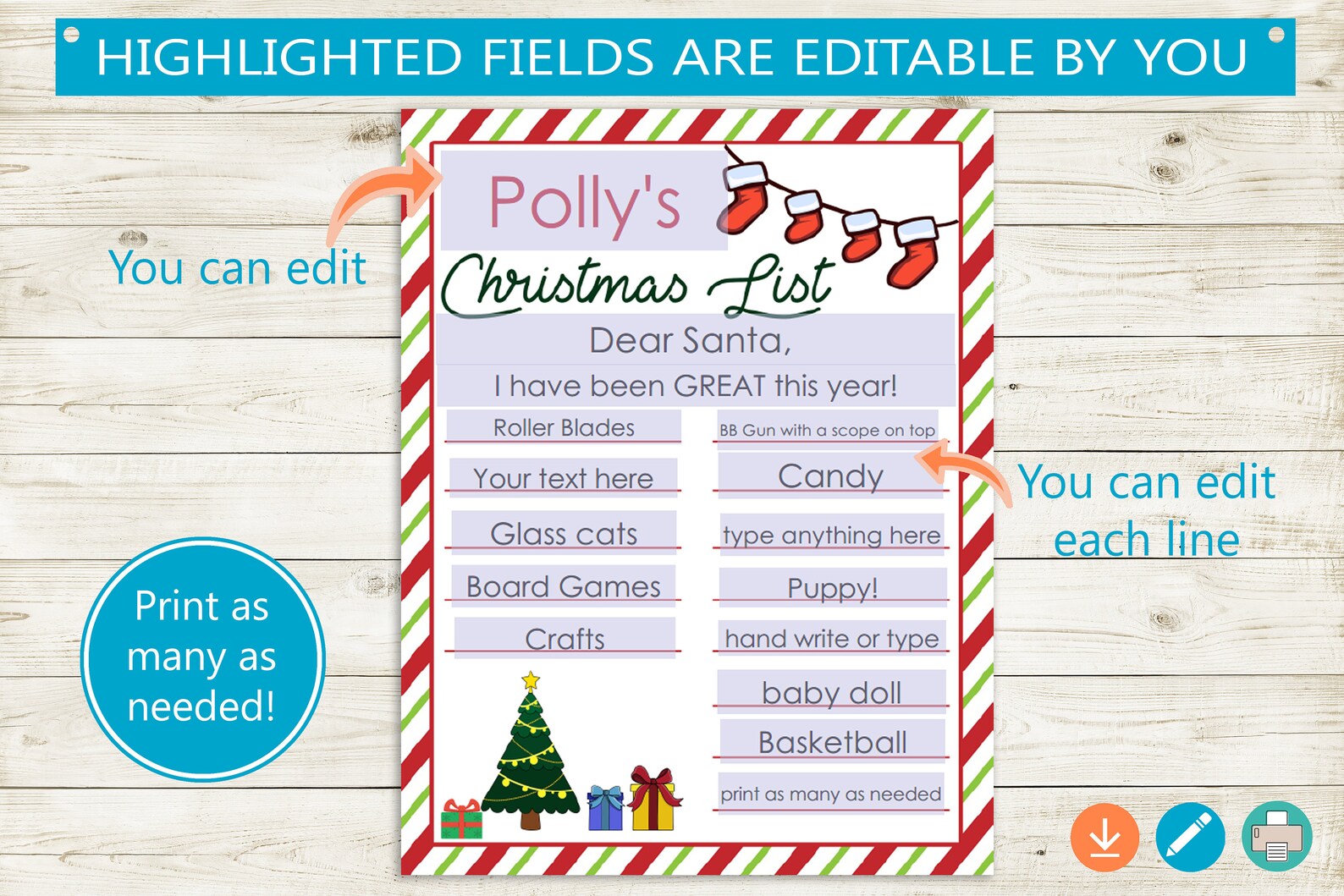 Editable and Printable Christmas List // Print From Home | Etsy