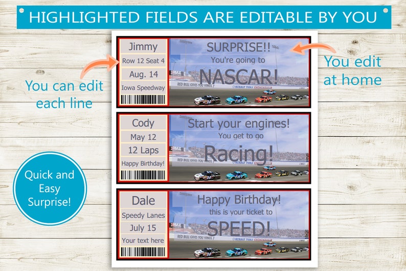 Printable and Editable Car Racing Tickets // Adobe Editable PDF ...
