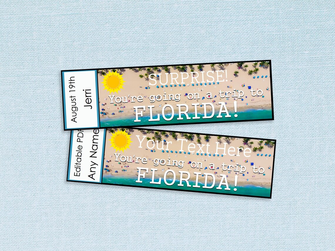 Printable SURPRISE Tickets to Florida // Adobe Editable PDF // Vacation ...