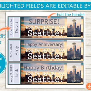 Printable and Editable Tickets to Seattle // Adobe Editable PDF // Trip ...
