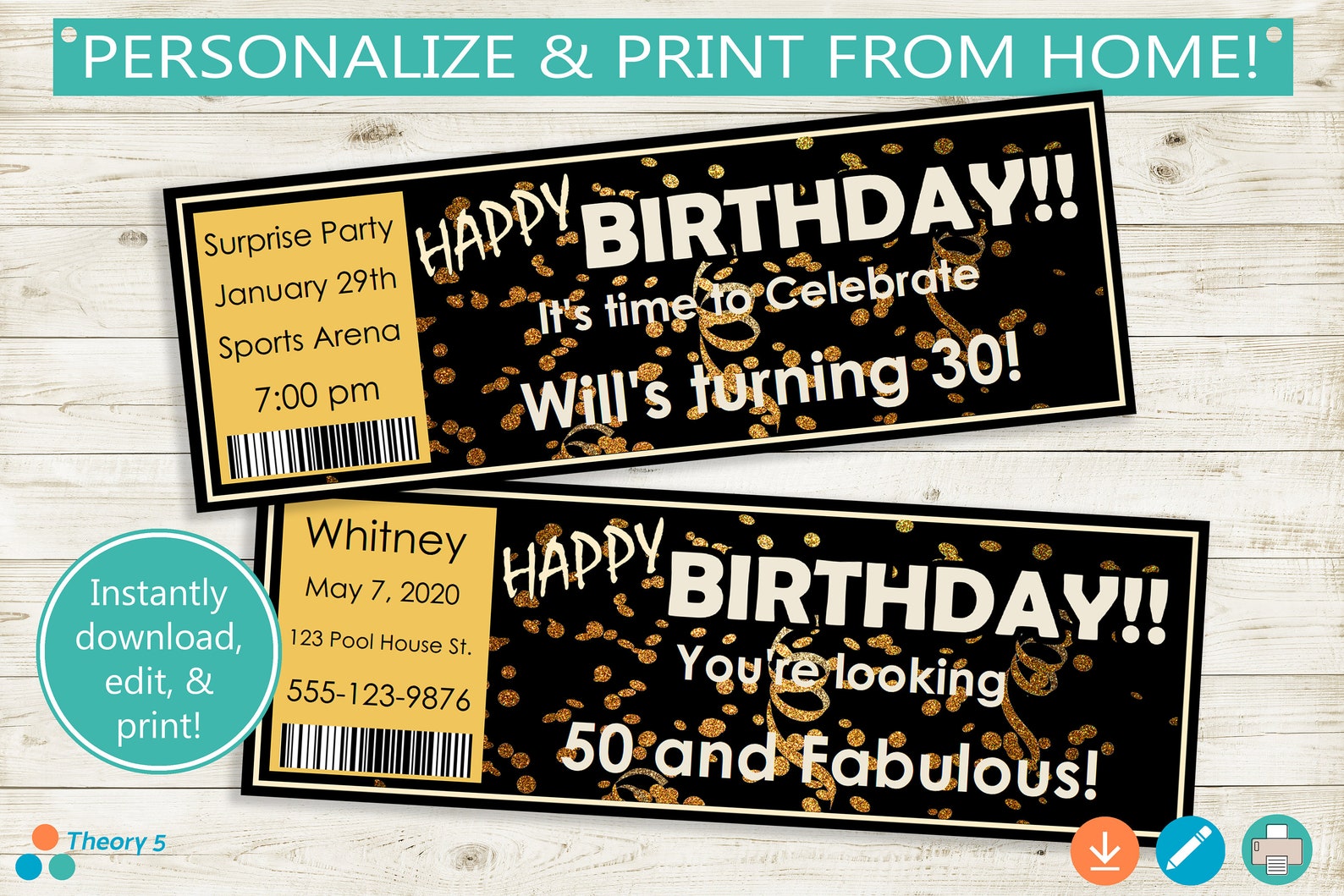 Printable and Editable Birthday Surprise Tickets Adobe | Etsy