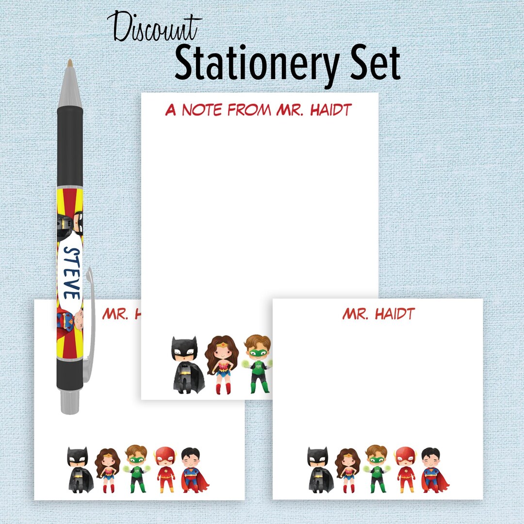 Custom Superhero Stationery Set (4 Items) - 2 Sticky Note Pads, 1 Pen ...
