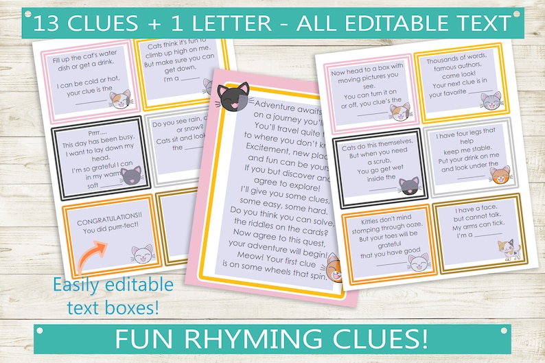 Printable Cat Treasure Hunt Clues // Editable PDF With 12 Rhyming Clues ...