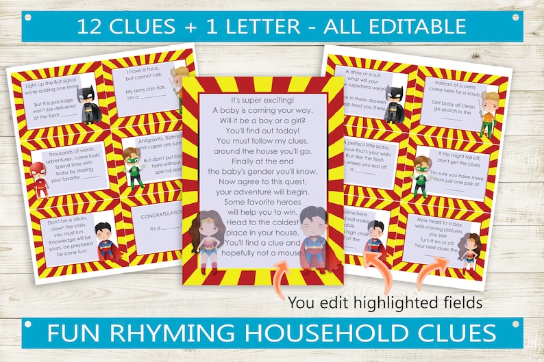 GENDER REVEAL Printable Treasure Hunt Clues Superhero Theme // Editable ...