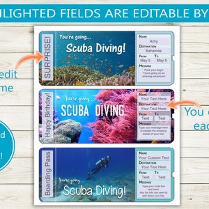 Scuba Diving Tickets Custom Boarding Pass // Printable Adobe Editable ...