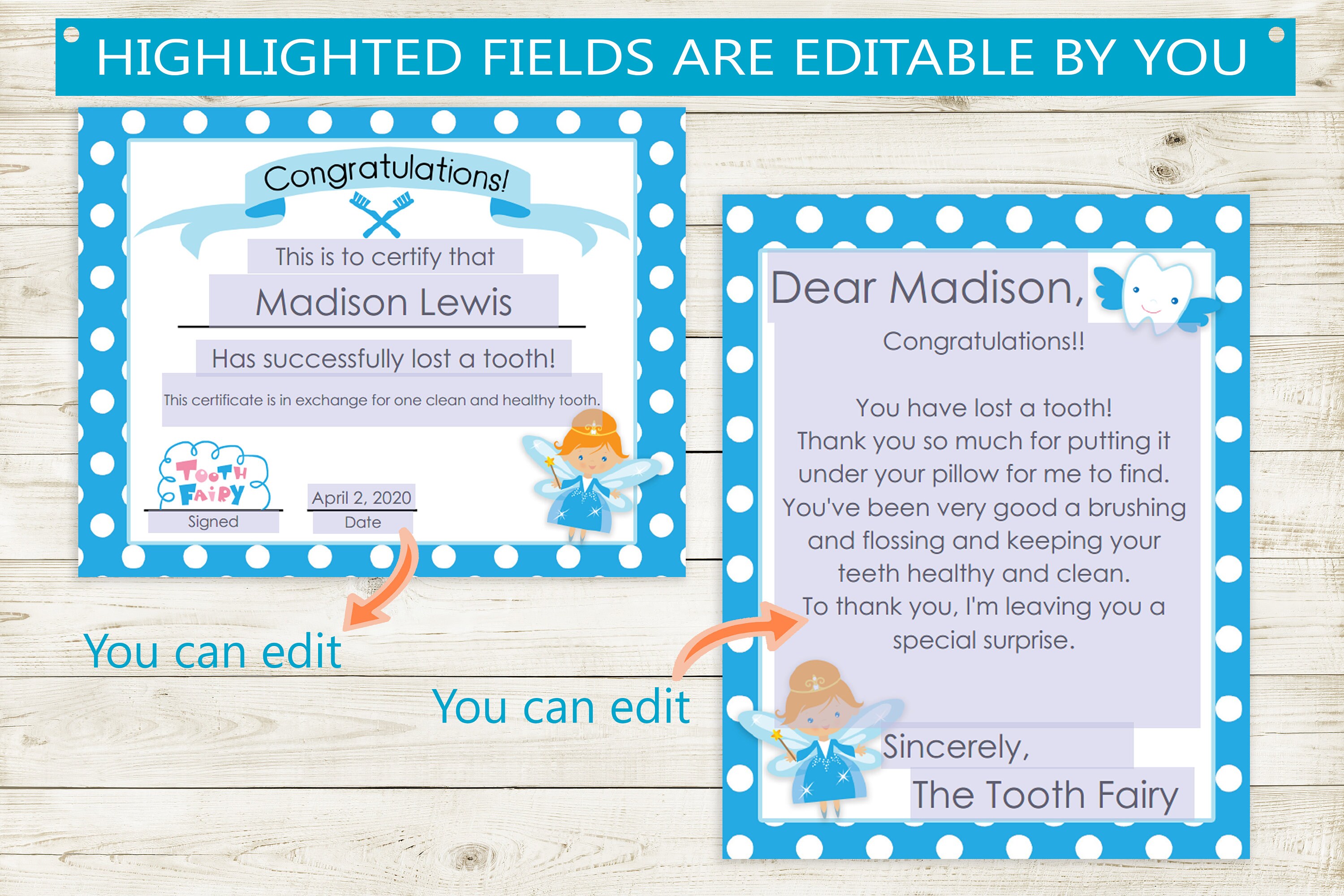 blue lost tooth note Editable Tooth Fairy Letter and Certificate ...