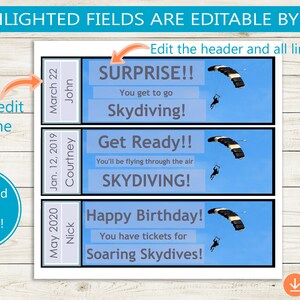 Printable and Editable Sky Diving Tickets // Adobe PDF, Surprise ...