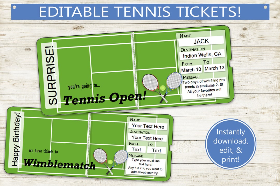 Custom Tennis Tickets // Printable Adobe Editable PDF // Ready to Print ...