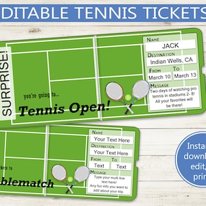 Custom Tennis Tickets // Printable Adobe Editable PDF // Ready to Print ...