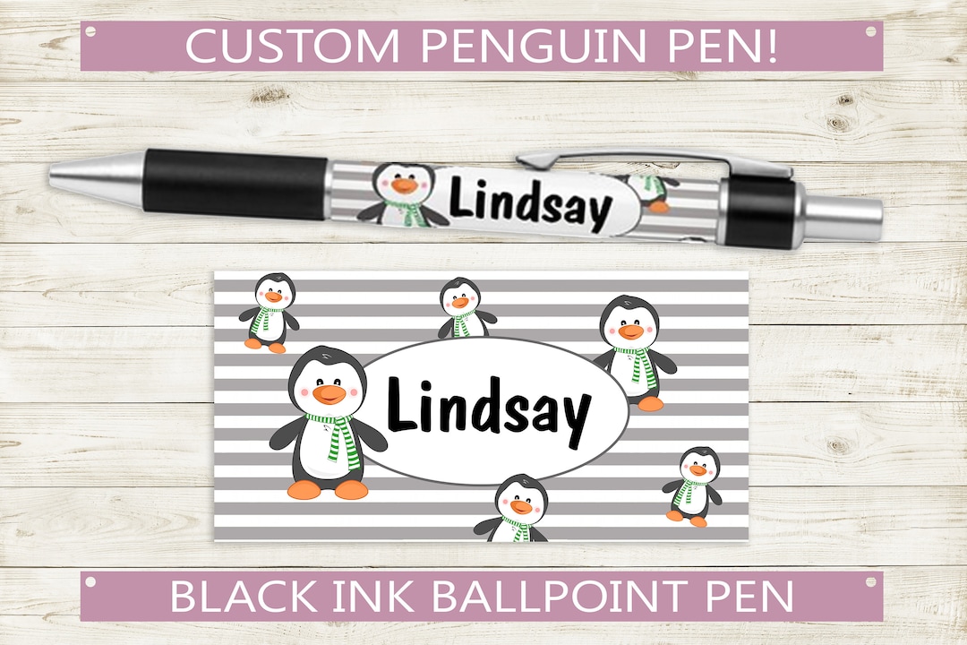 Custom Penguin Pen // Black Ink Ballpoint Pen With Personalized Name ...
