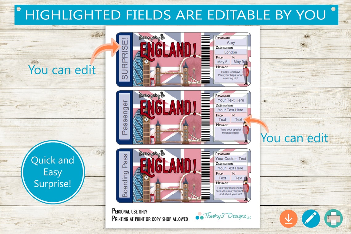 Custom Tickets to England // Printable Adobe Editable PDF // Vacation ...