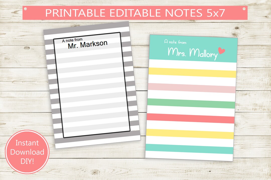 Editable PDF Printable Notes // Two 5x7 Cute Striped Designs // Custom ...