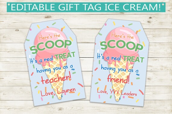 Editable and Printable Ice Cream Treat Tag // Teacher Gift - Etsy