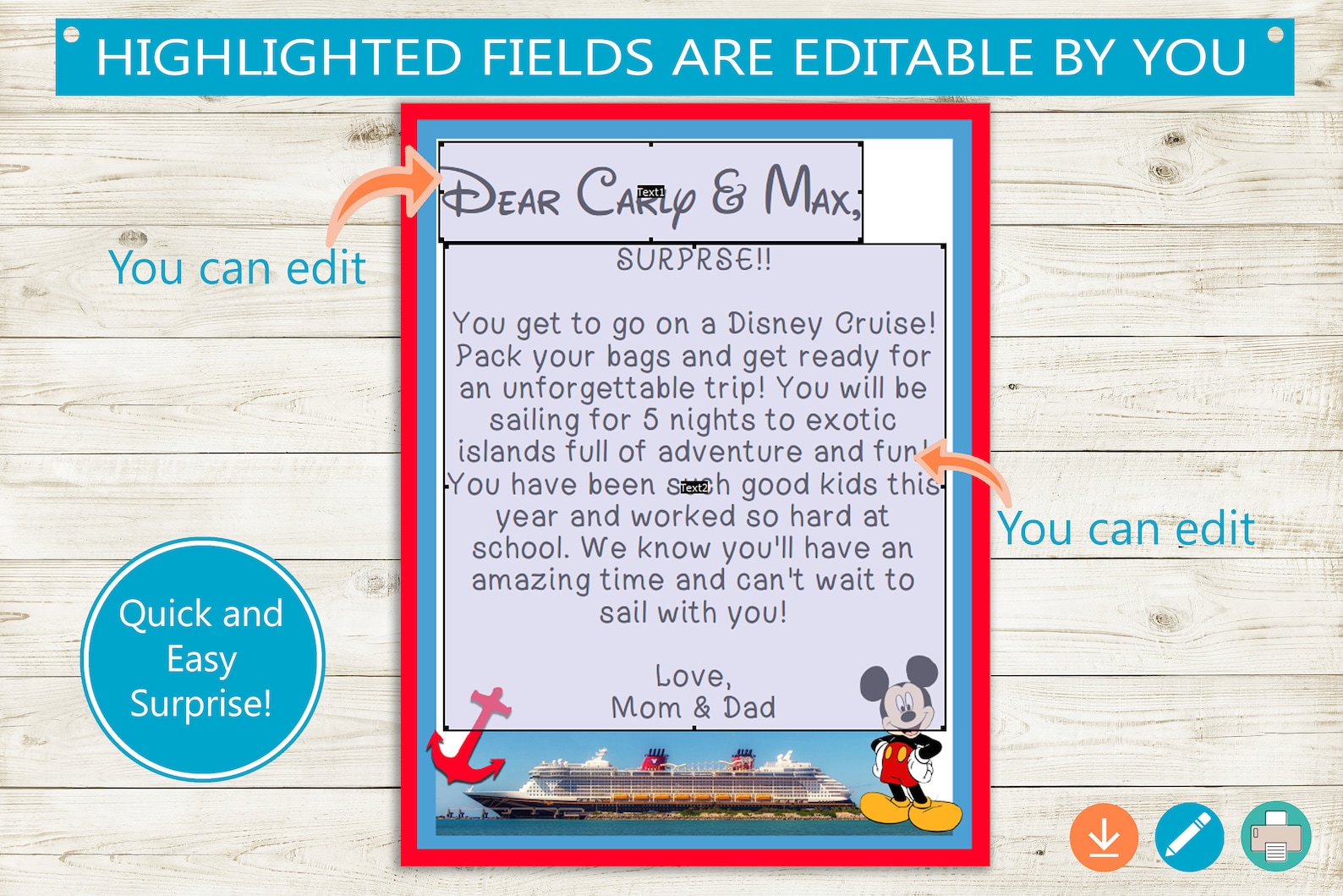 Cruise Trip Reveal Printable Letter // Adobe Editable PDF // Mouse ...