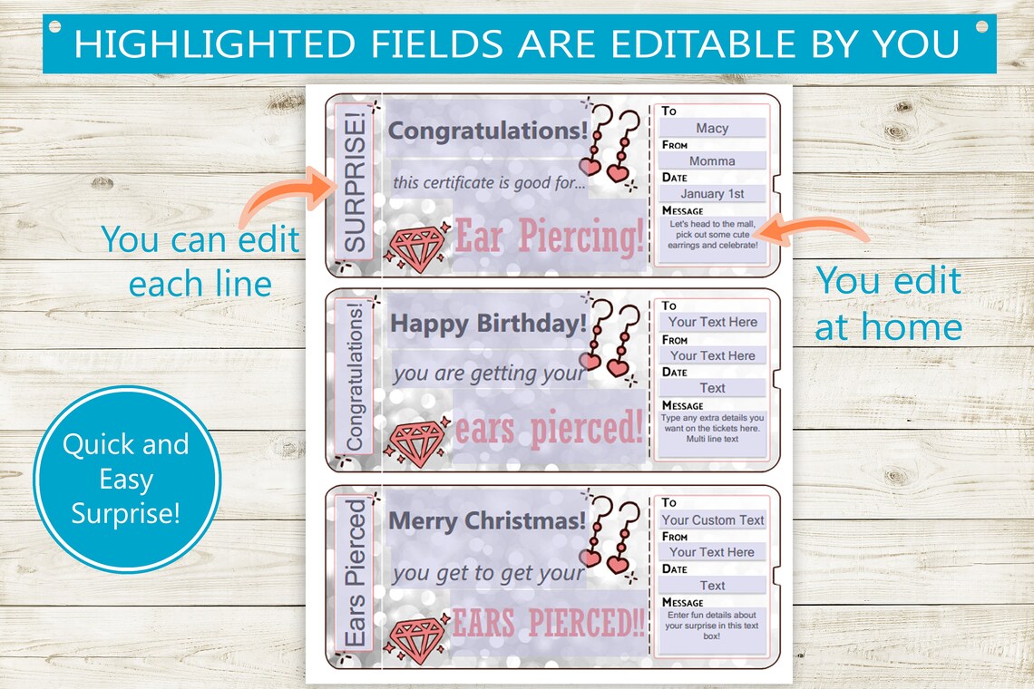 Ear Piercing Gift Certificate Voucher // Printable Adobe - Etsy