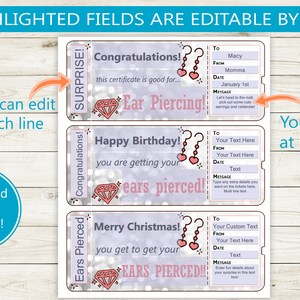 Ear Piercing Gift Certificate Voucher // Printable Adobe Editable PDF ...