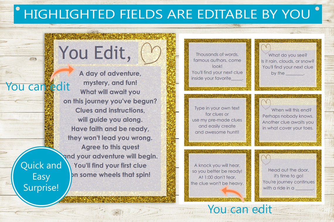 Editable Treasure Hunt Clues // Instant Download PDF Glam | Etsy