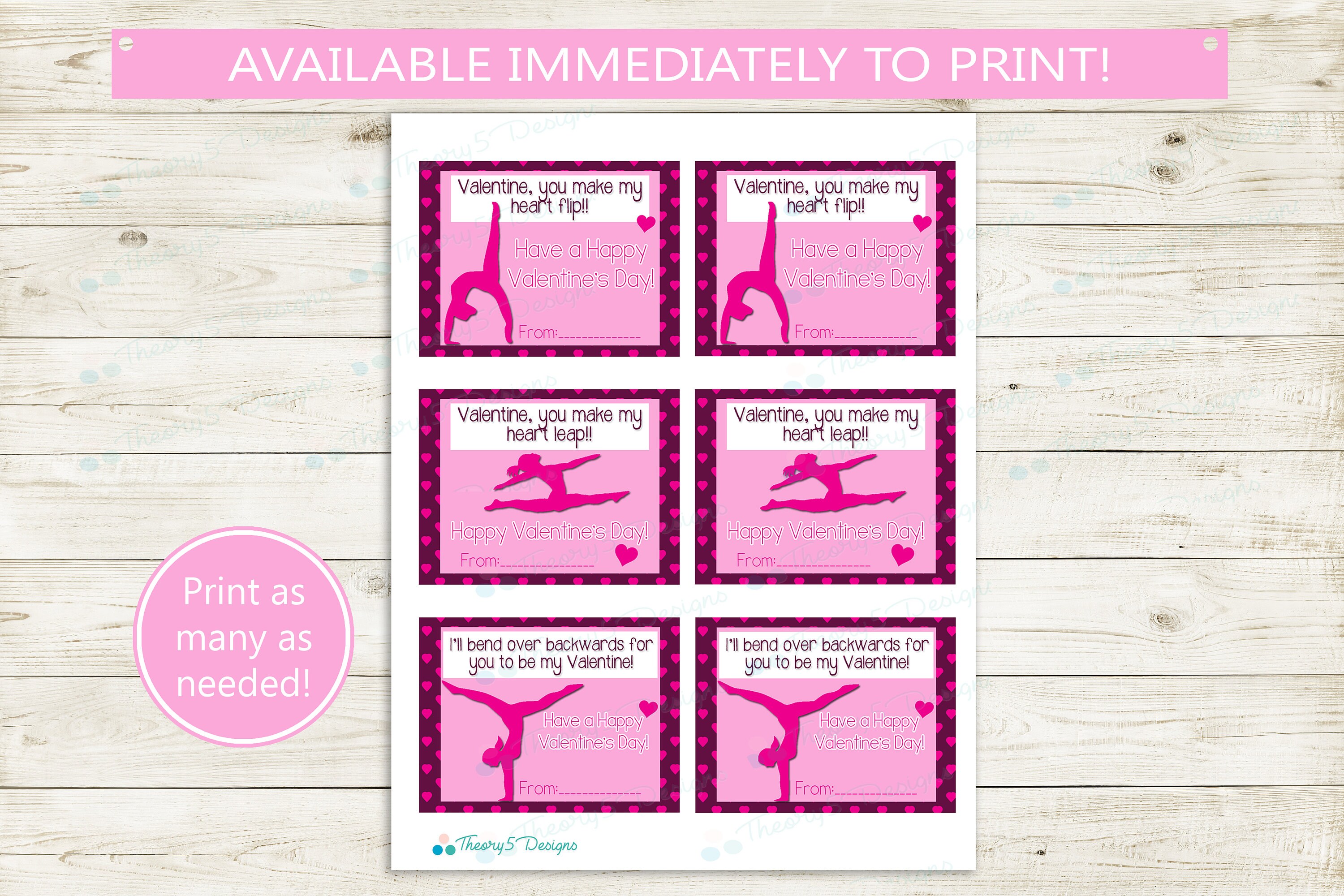 Gymnastics Valentine's Day Cards // Instant Download Dancer Valentine ...