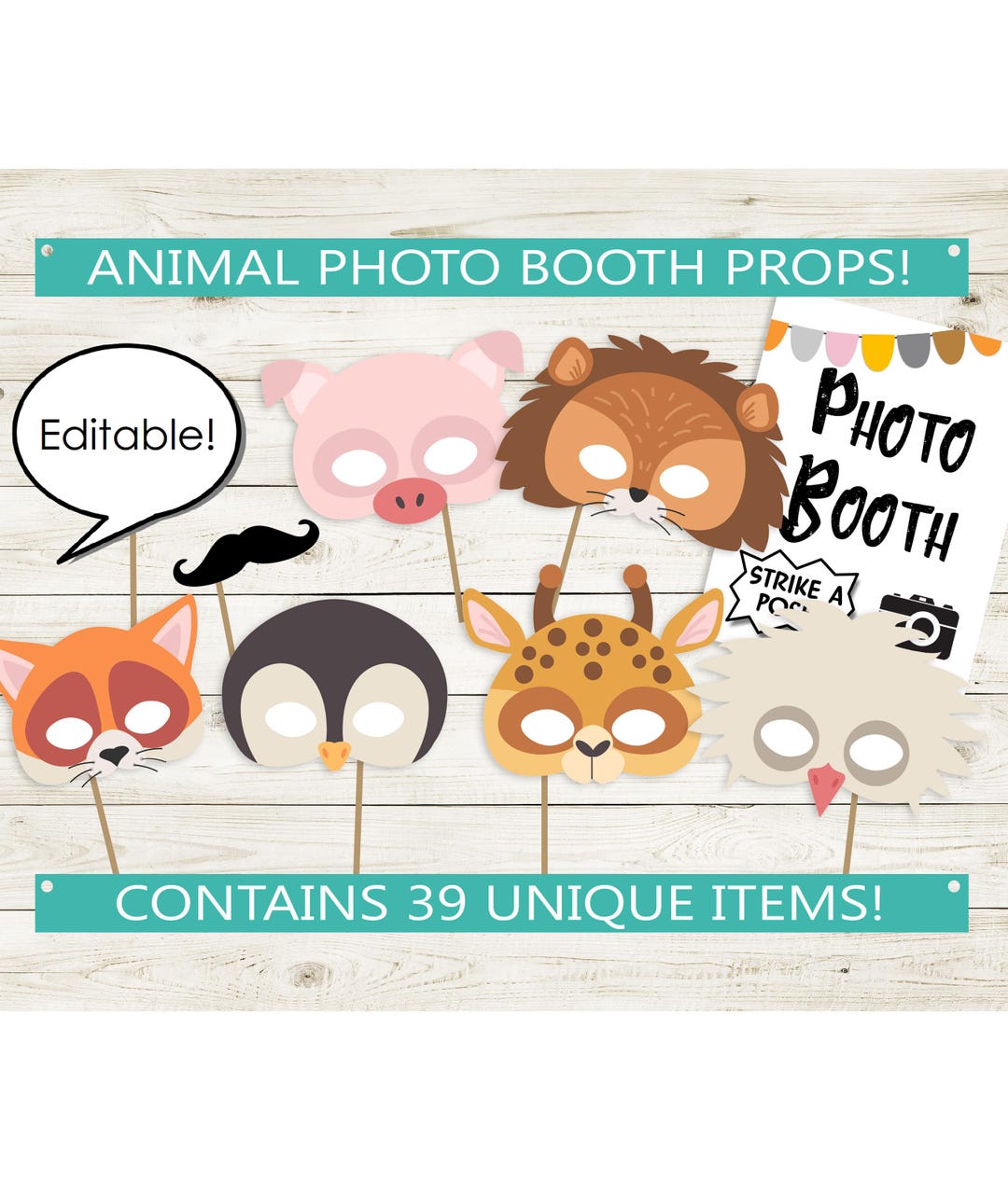 Animal Photo Booth Props // 30 PAGES, Editable Speech Bubbles ...