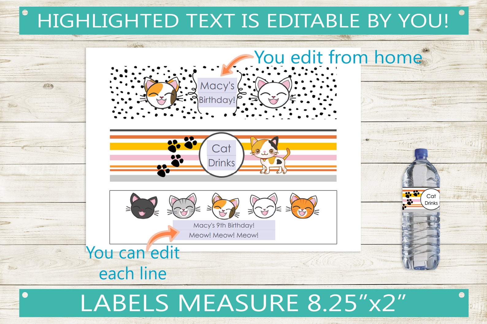 Cat Party Water Bottle Labels // Editable PDF, Custom Party Decor ...