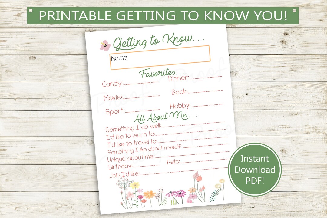 Getting to Know You Printable // 8.5" X 11" PDF, Two per Page or Full ...