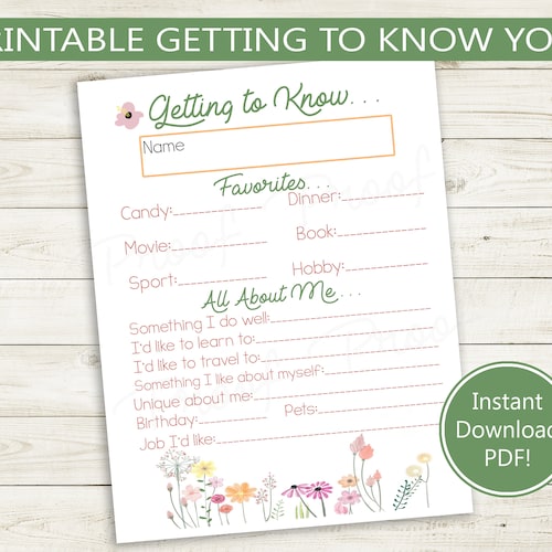 Getting to Know You Printable // 8.5 X 11 PDF Two - Etsy