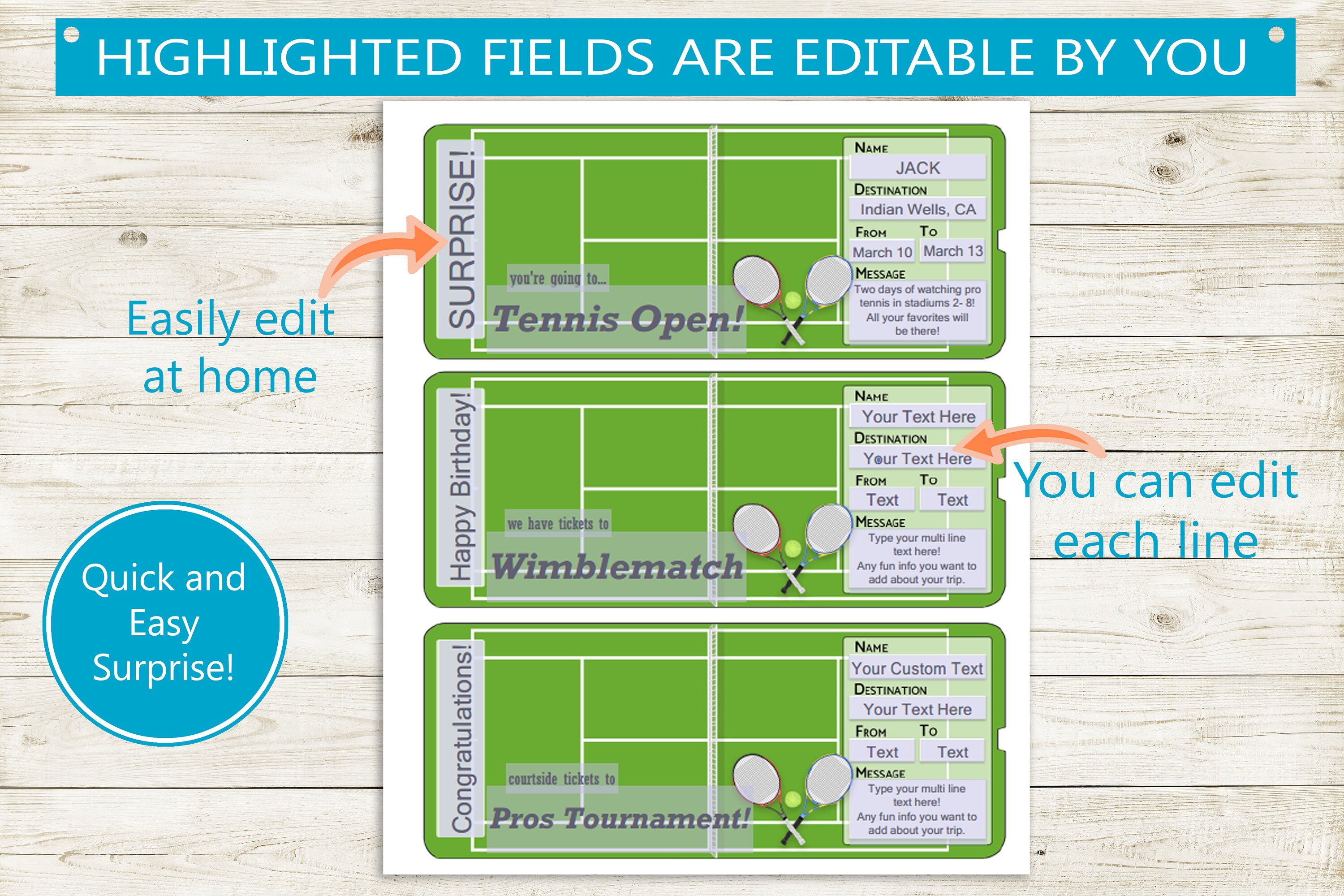 Custom Tennis Tickets // Printable Adobe Editable PDF // Ready to Print ...
