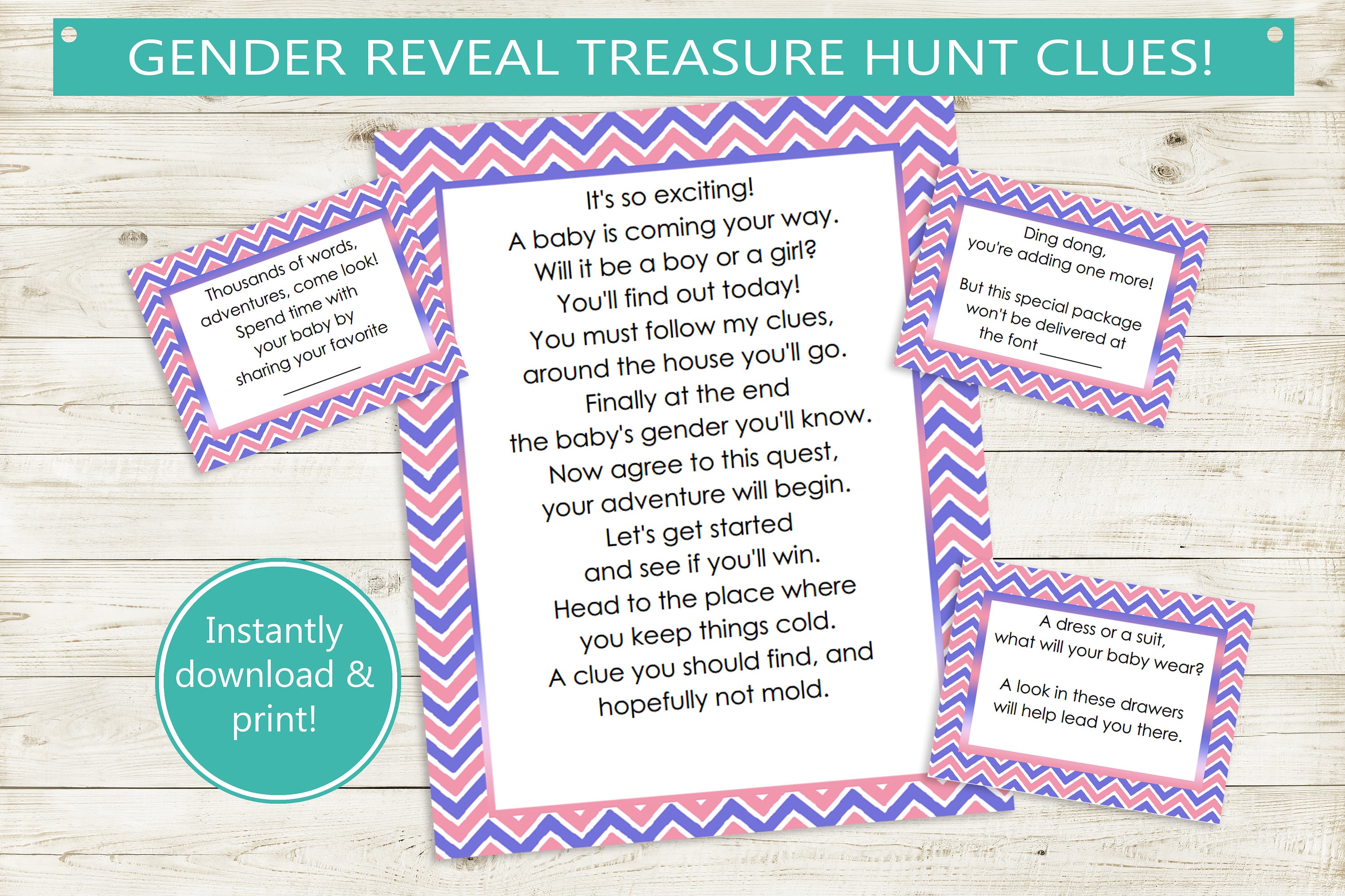 GENDER REVEAL Printable Treasure Hunt Clues // Editable PDF, Gender ...