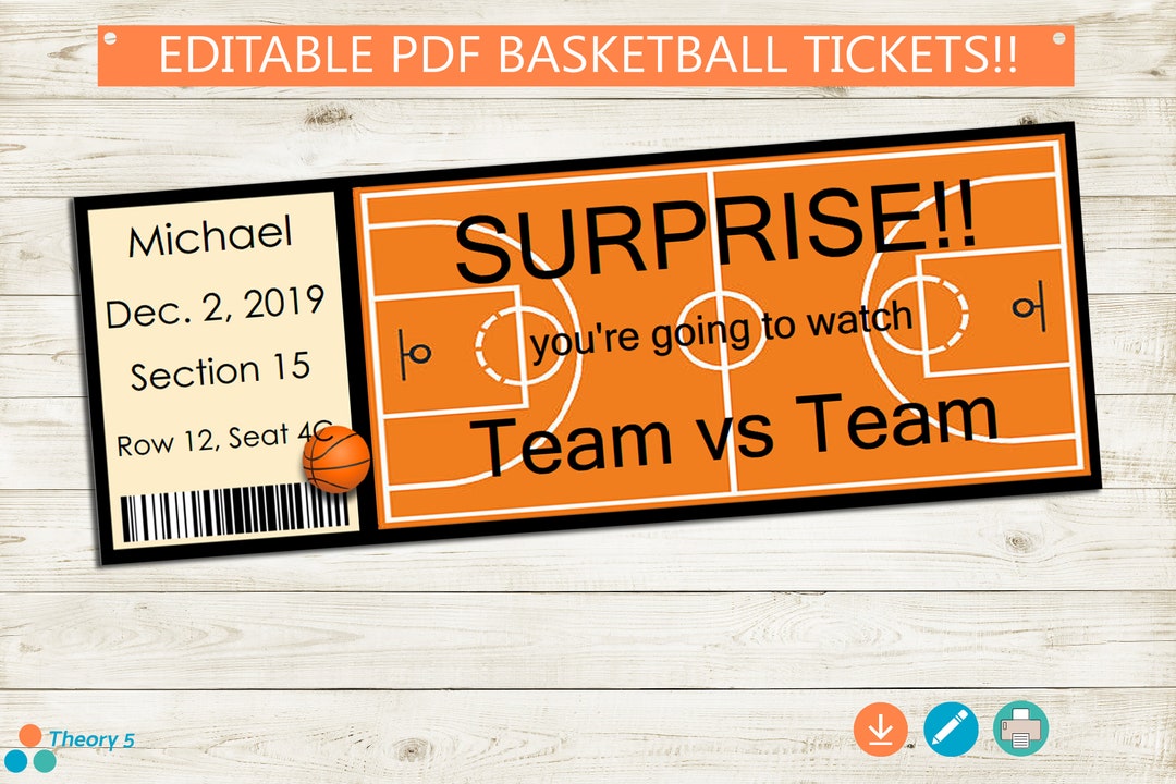 Printable and Editable Basketball Tickets // Adobe PDF, Surprise Game ...