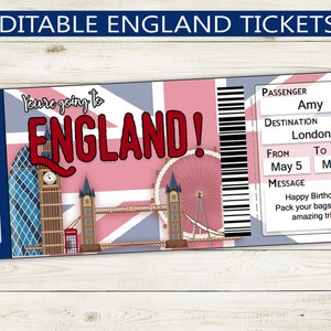 Custom Tickets to England // Printable Adobe Editable PDF // Vacation ...